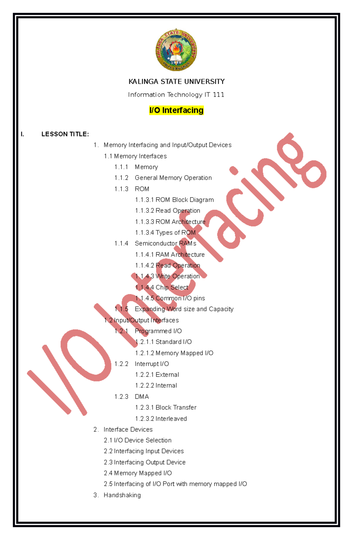 IO Interfacing - Information Technology Lecture Notes for Student Study ...