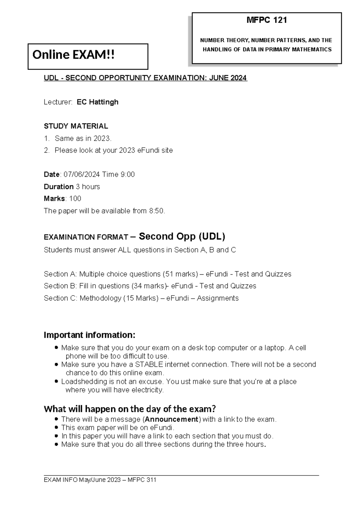 Exam Letter MFPC 121 2023 Second opportunity - MFPC 121 NUMBER THEORY ...