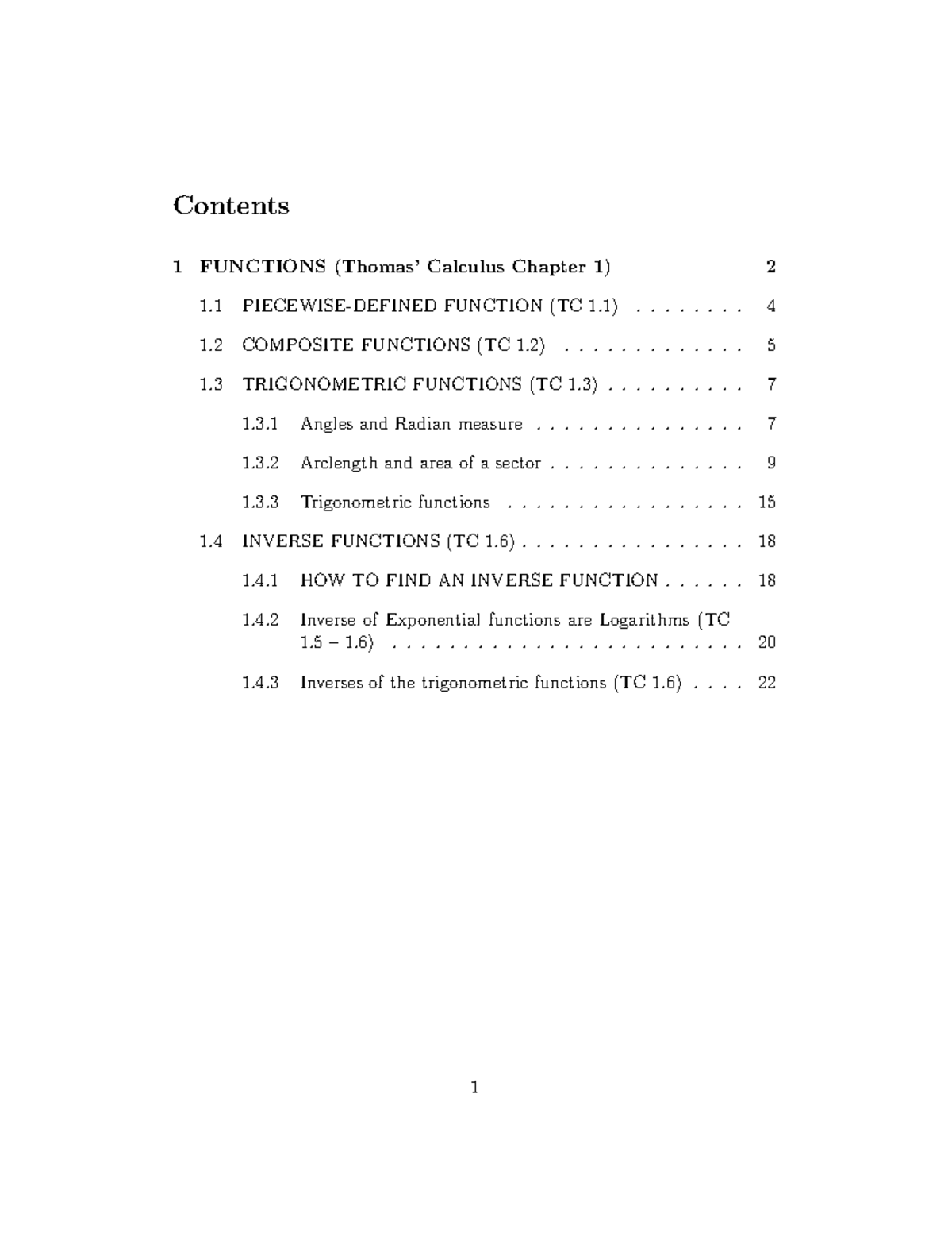 1st year calculus chapter1 - Contents 1 FUNCTIONS (Thomas’ Calculus ...