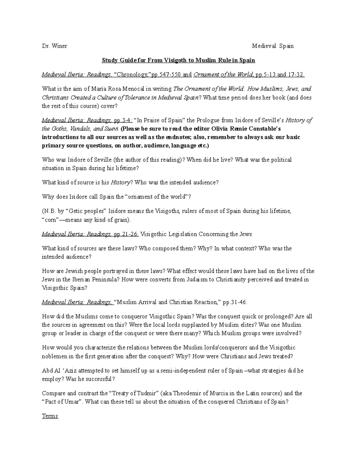 2019-visgothic-spain(his1000)lecture notes studyguide 3 - Dr. Winer ...