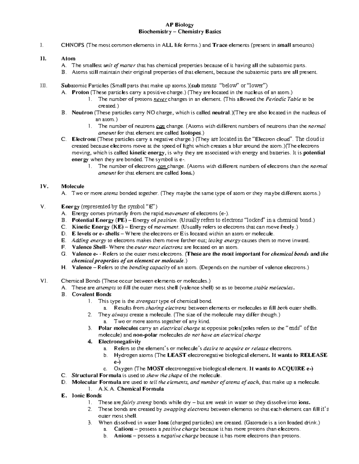 AP Biology Biochemistry (Chemistry Basics) Outline - AP Biology ...