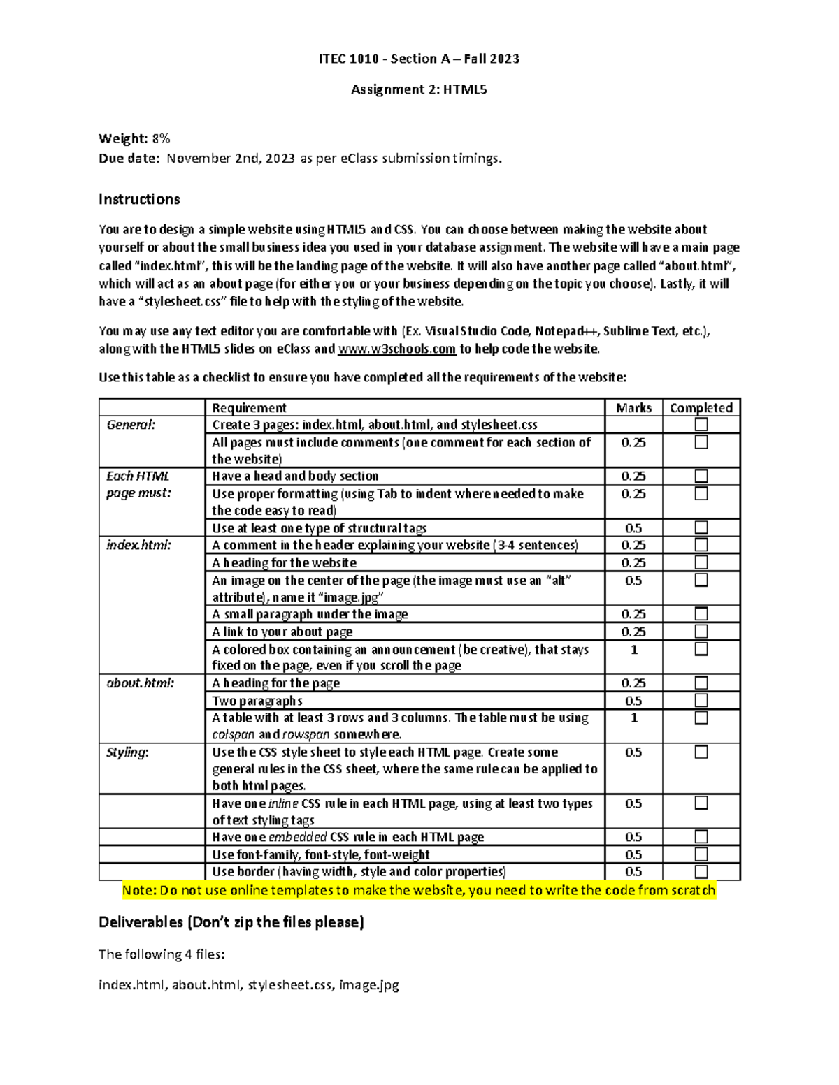 1010 A2 Instructions Fall 2023 - ITEC 1010 - Section A – Fall 2023 Assignment 2 : HTML Weight: 8 ...