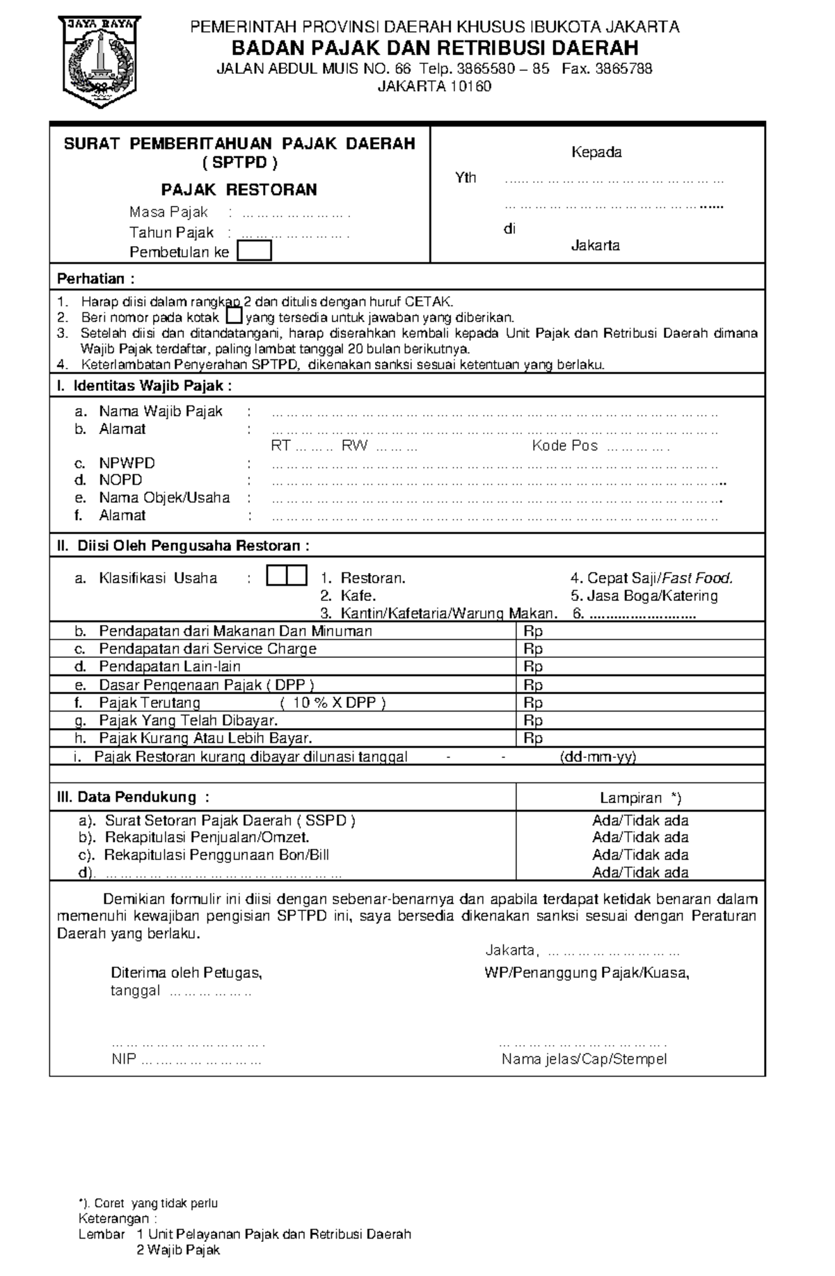 Spdp - oke - SURAT PEMBERITAHUAN PAJAK DAERAH ( SPTPD ) PAJAK RESTORAN ...