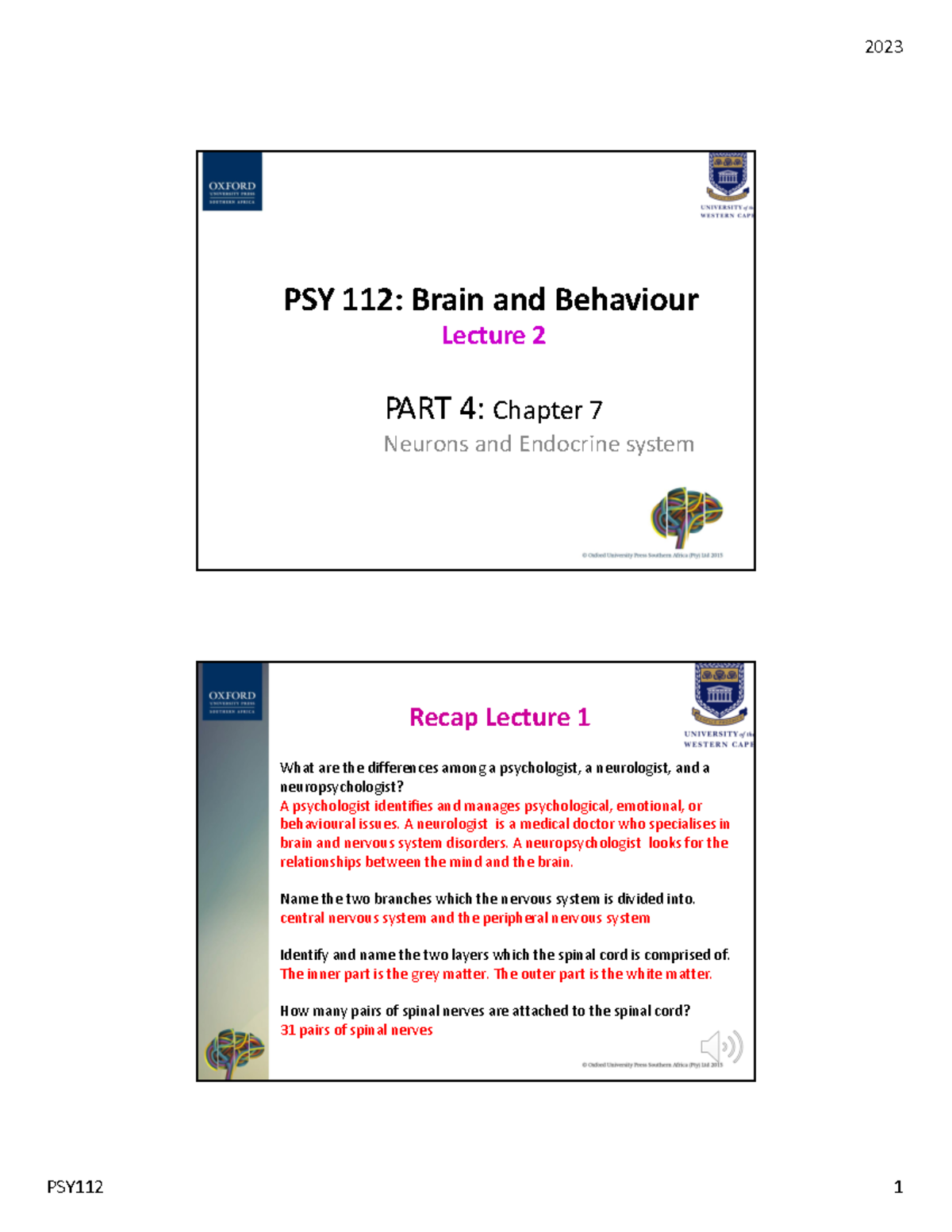 Lecture 2 PSY112 Neurons and Endocrine system 2023 print version - PART ...