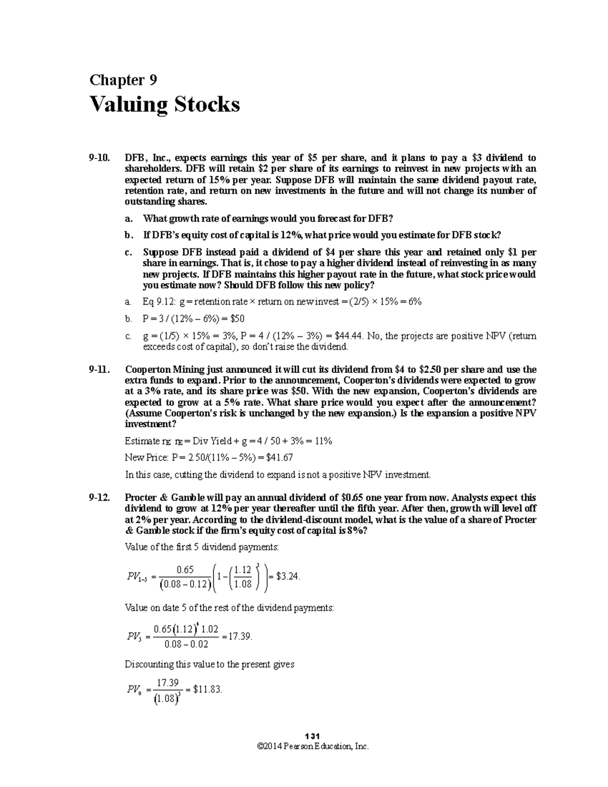 Topic 7 - Valuing stocks - Chapter 9 Valuing Stocks 9-10. DFB, Inc ...