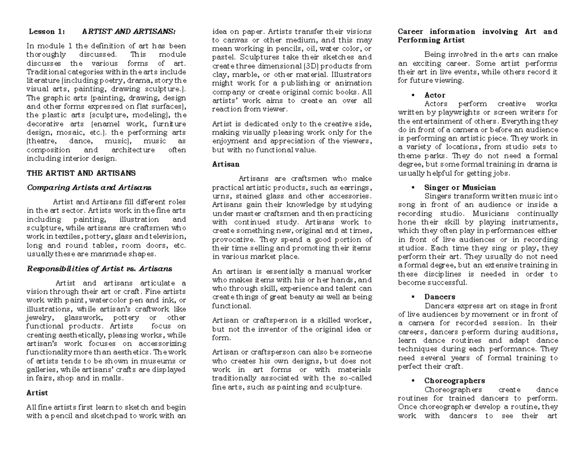 GE 8-ART Midterm - Art - Lesson 1: ARTIST AND ARTISANS: In module 1 the ...