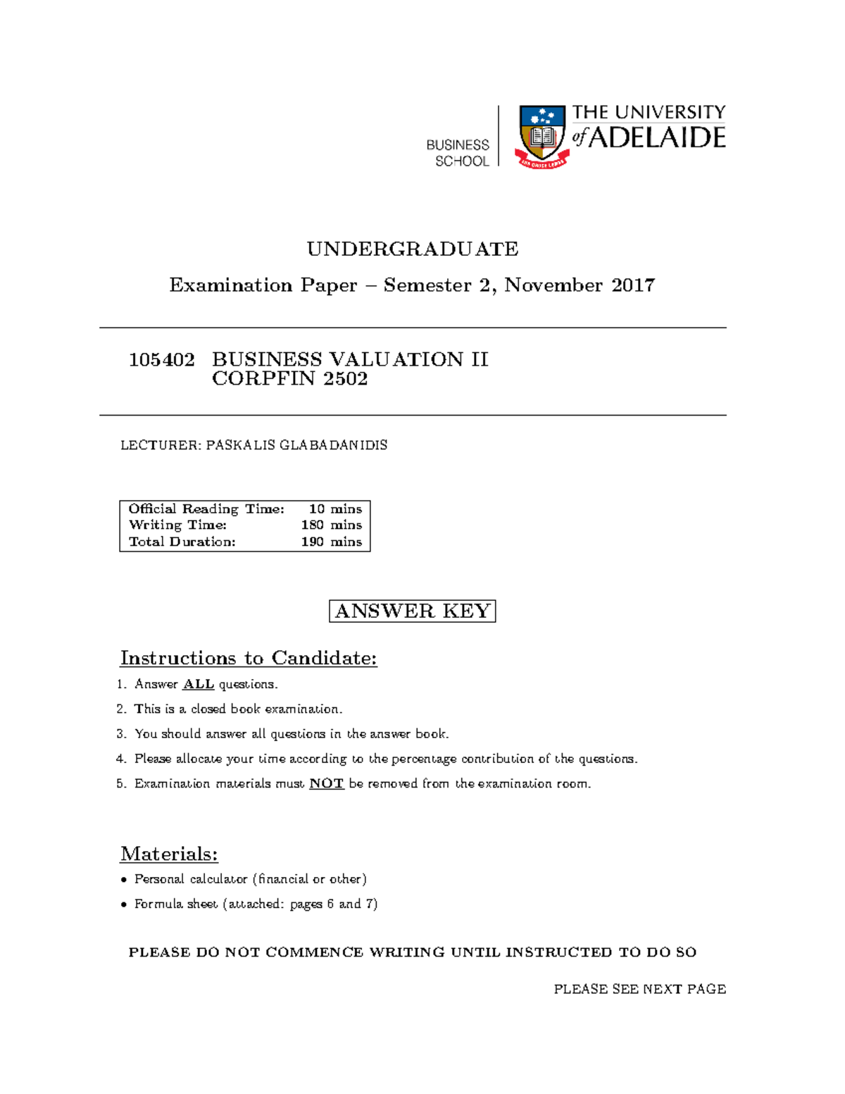 Final exam 2017, answers - UNDERGRADUATE Examination Paper Semester 2 ...