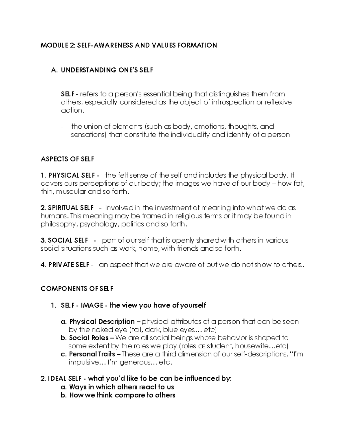 Module 2 Lecture Notes - MODULE 2: SELF-AWARENESS AND VALUES FORMATION ...