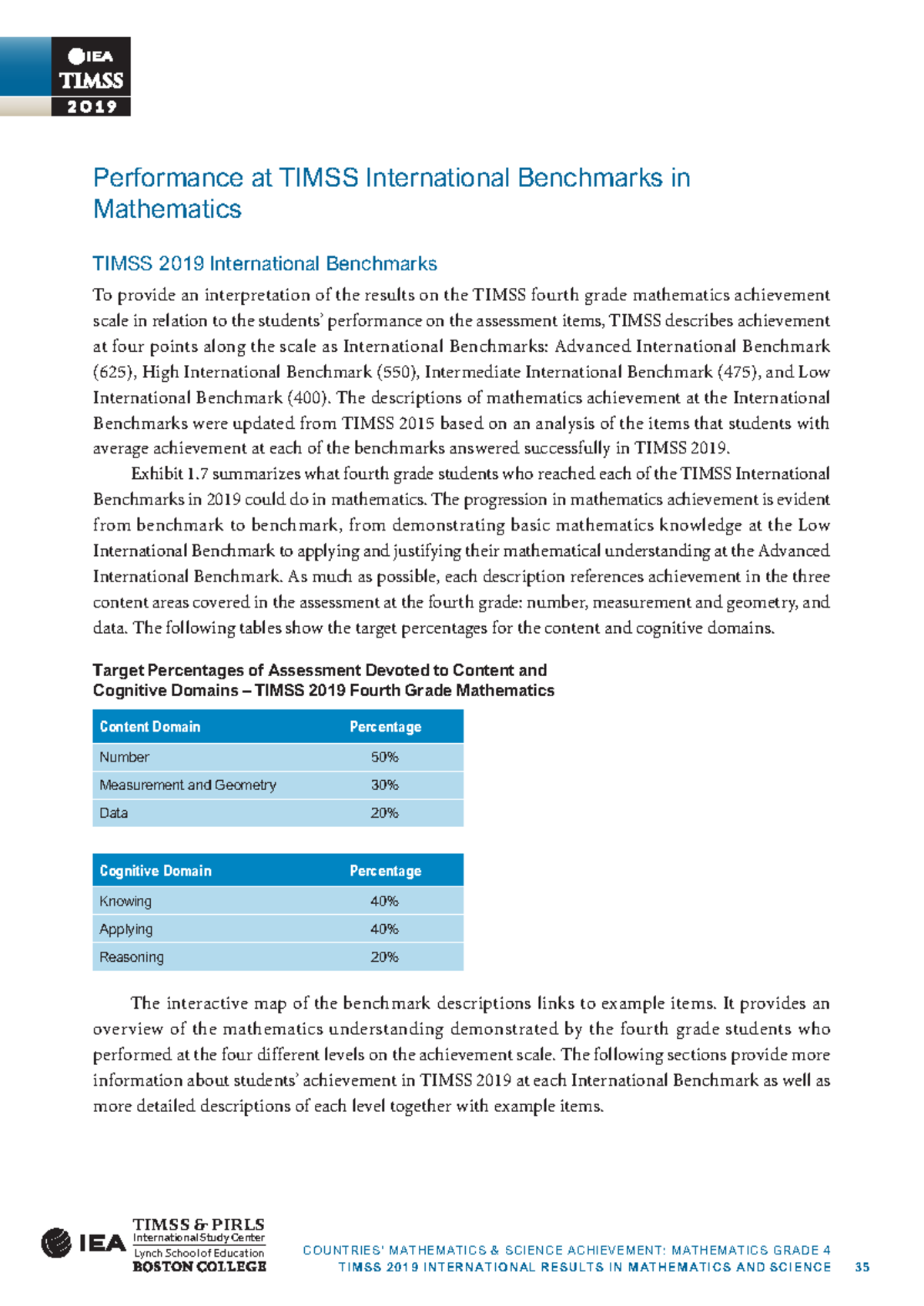 Performance at Timss International Benchmarks in Mathematics - TIMSS ...