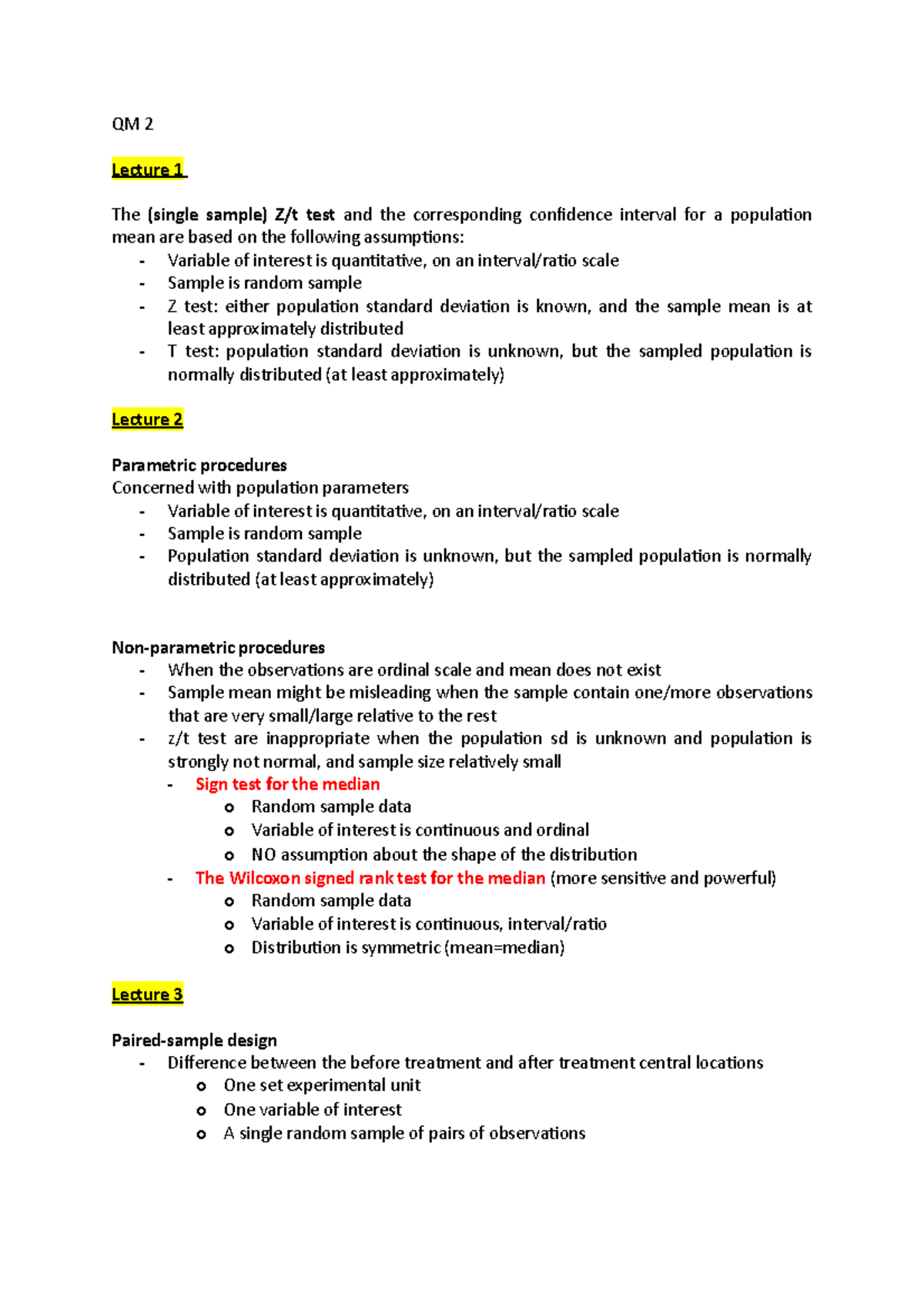 QM 2 summaries formula 2020 - QM 2 Lecture 1 The (single sample) Z/t ...