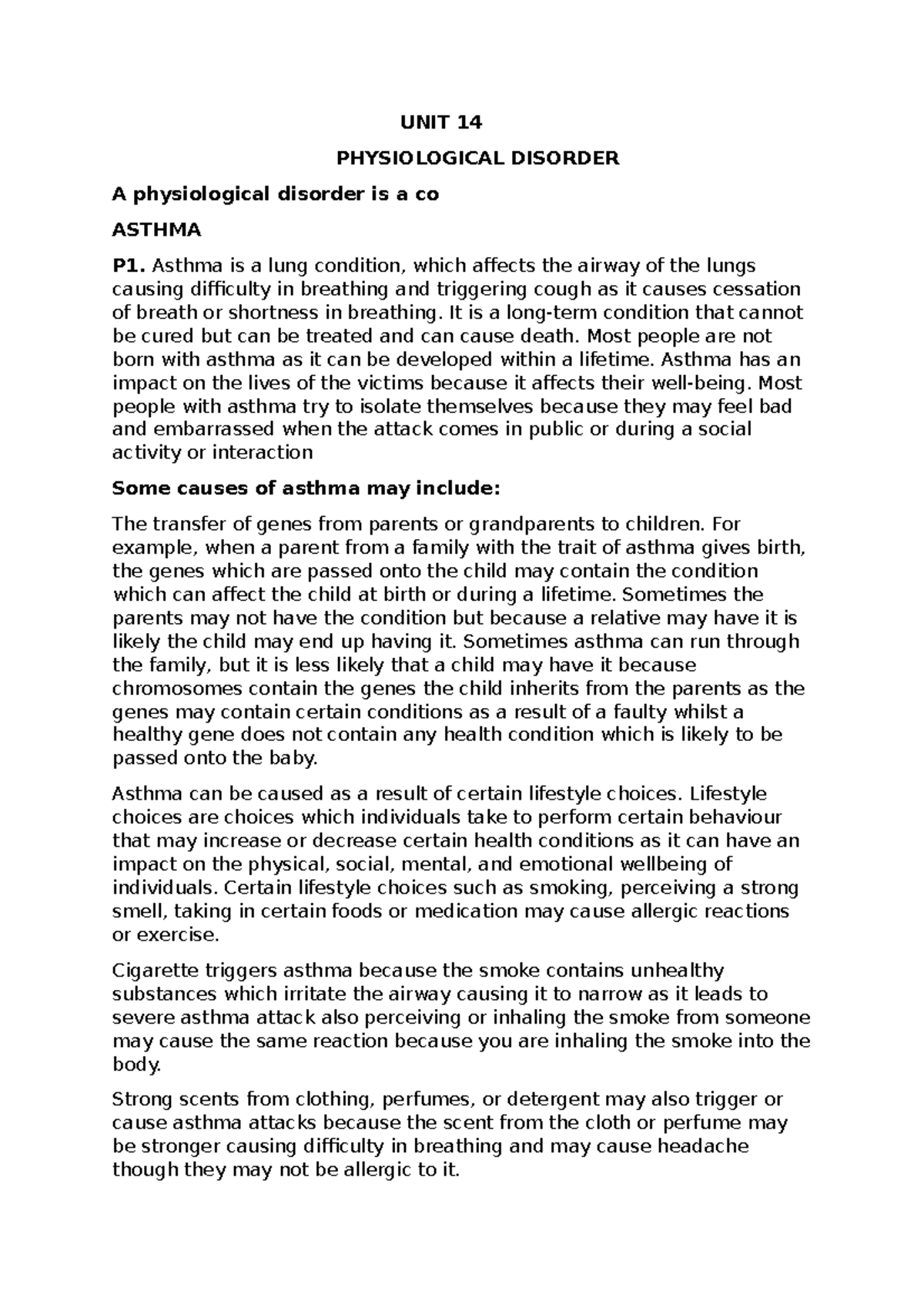 UNIT 14 physiological disoreder - UNIT 14 PHYSIOLOGICAL DISORDER A ...