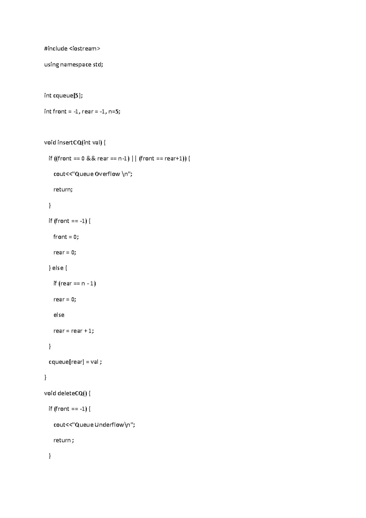 DSA 3 - study - #include using namespace std; int cqueue[5]; int front = -1, rear = - Studocu