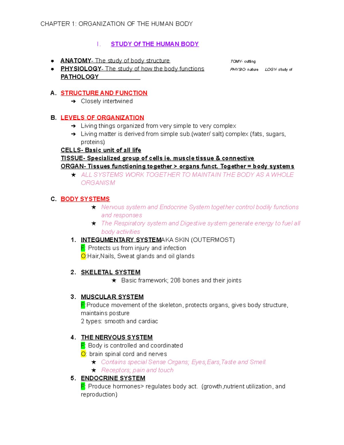 Ch1. Notes - anat and physio - I. STUDY Of THE HUMAN BODY ANATOMY- The ...
