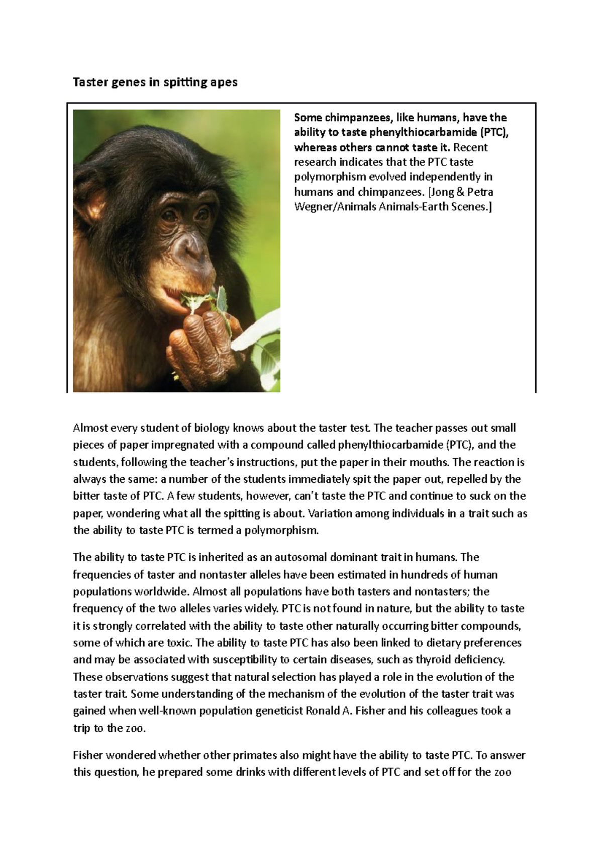 Taster genes in spitting apes - Recent research indicates that the PTC ...