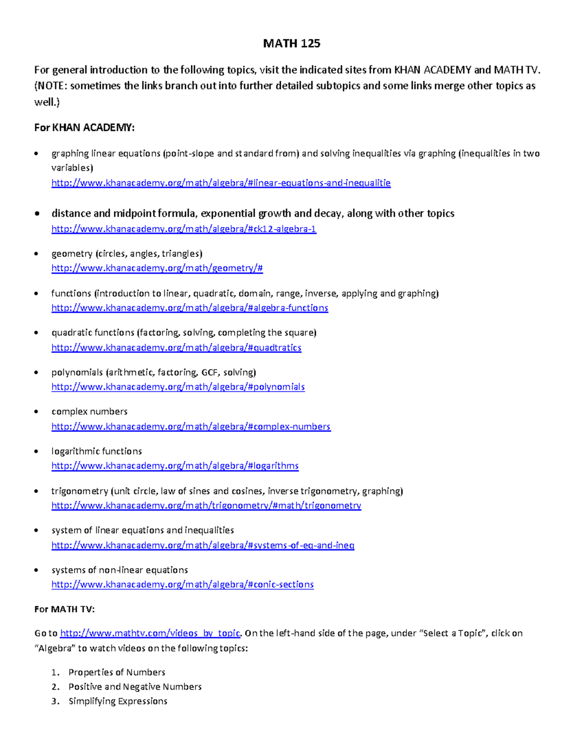 Math 125 - math 125 - MATH 125 For general introduction to the ...