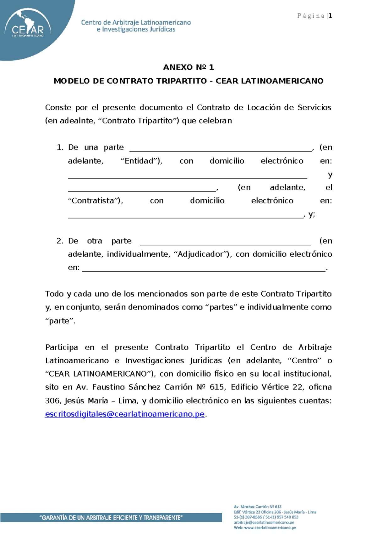 Modelo DE Contrato Tripartito CEAR Latinoamericano Anexo 1 - ANEXO Nº 1 ...