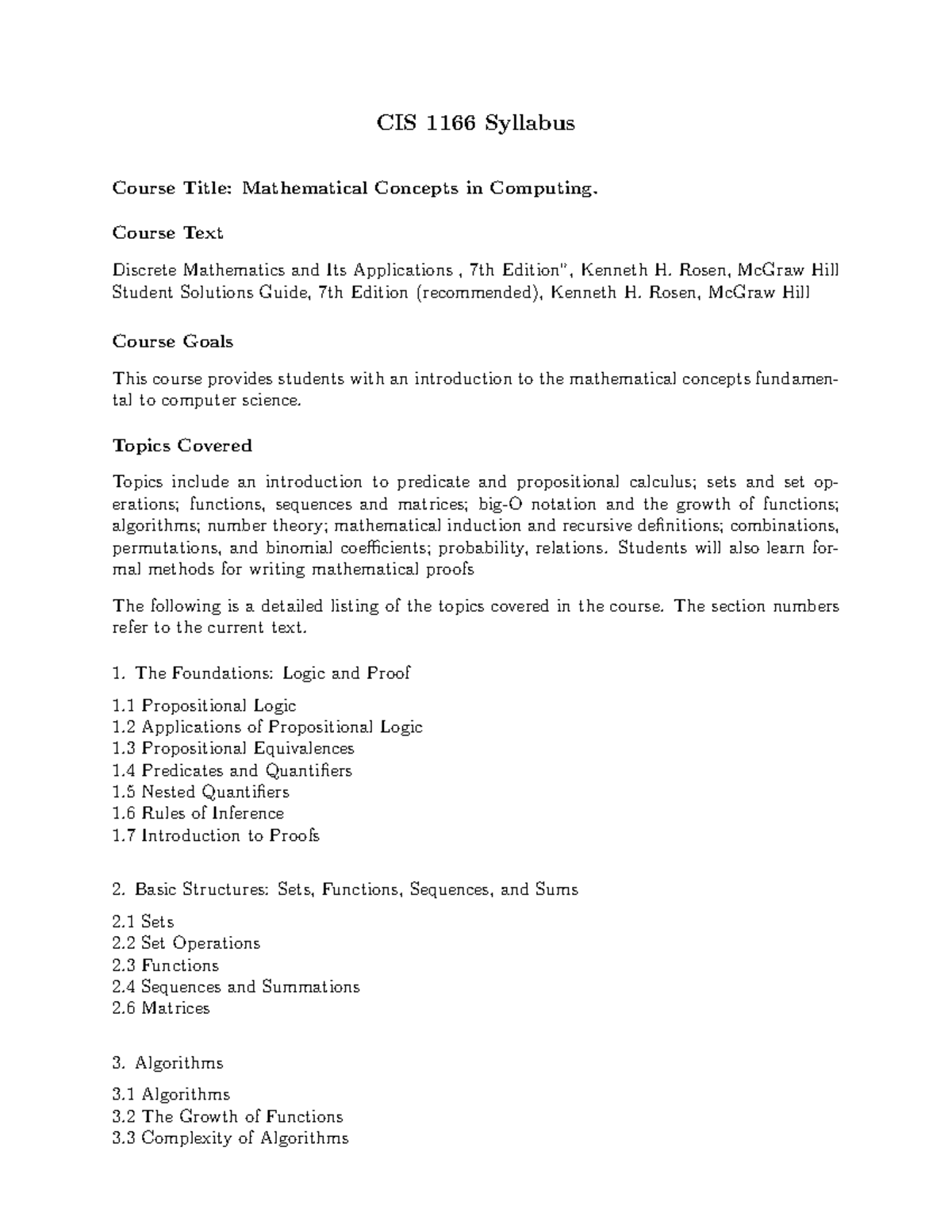 Mathematical Concepts in Computing syllabus - CIS 1166 Syllabus Course ...