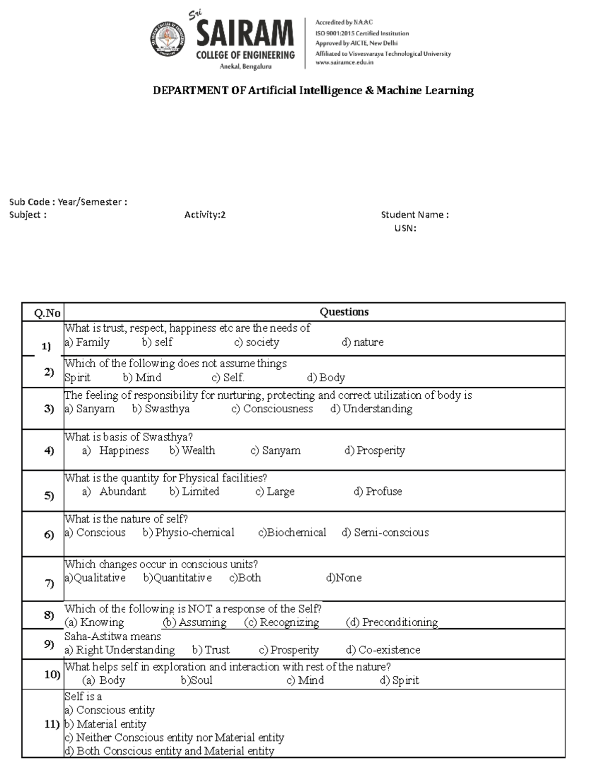 UHV II Activity - can use for mcq - Sub Code : Year/Semester : Subject ...
