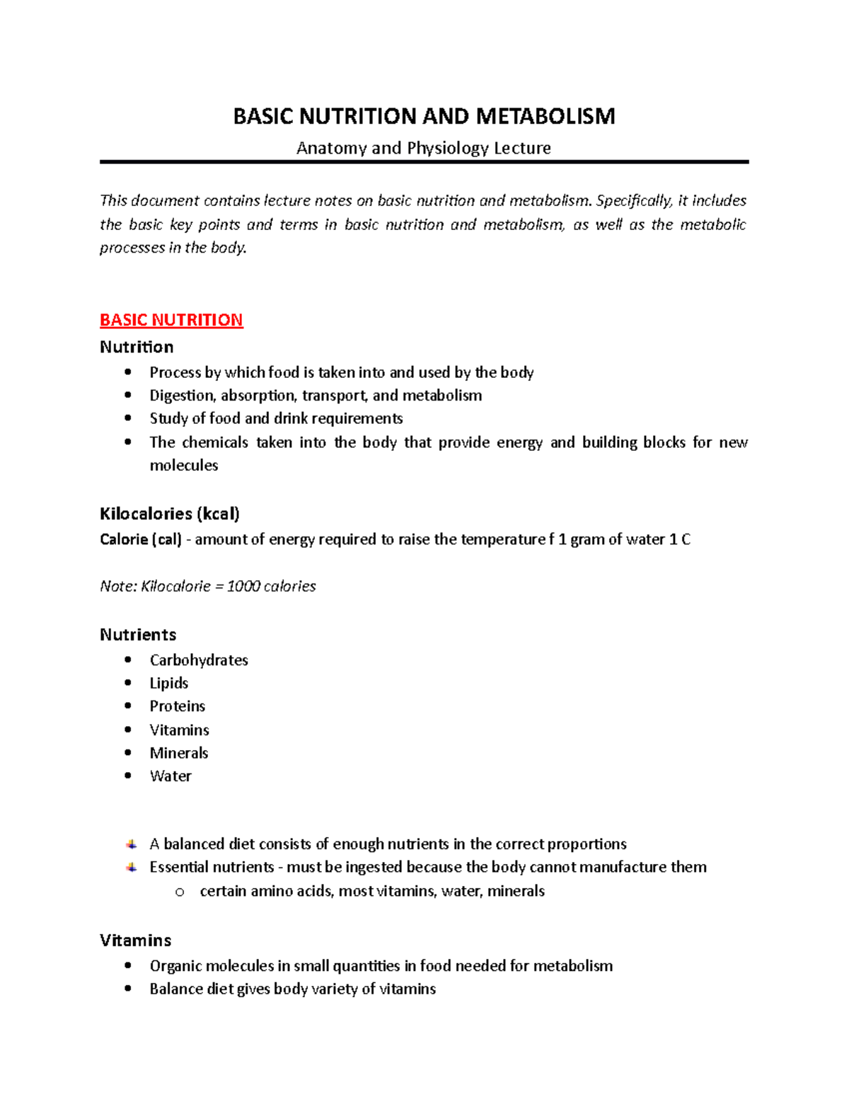 Basic Nutrition and Metabolism - BASIC NUTRITION AND METABOLISM Anatomy ...