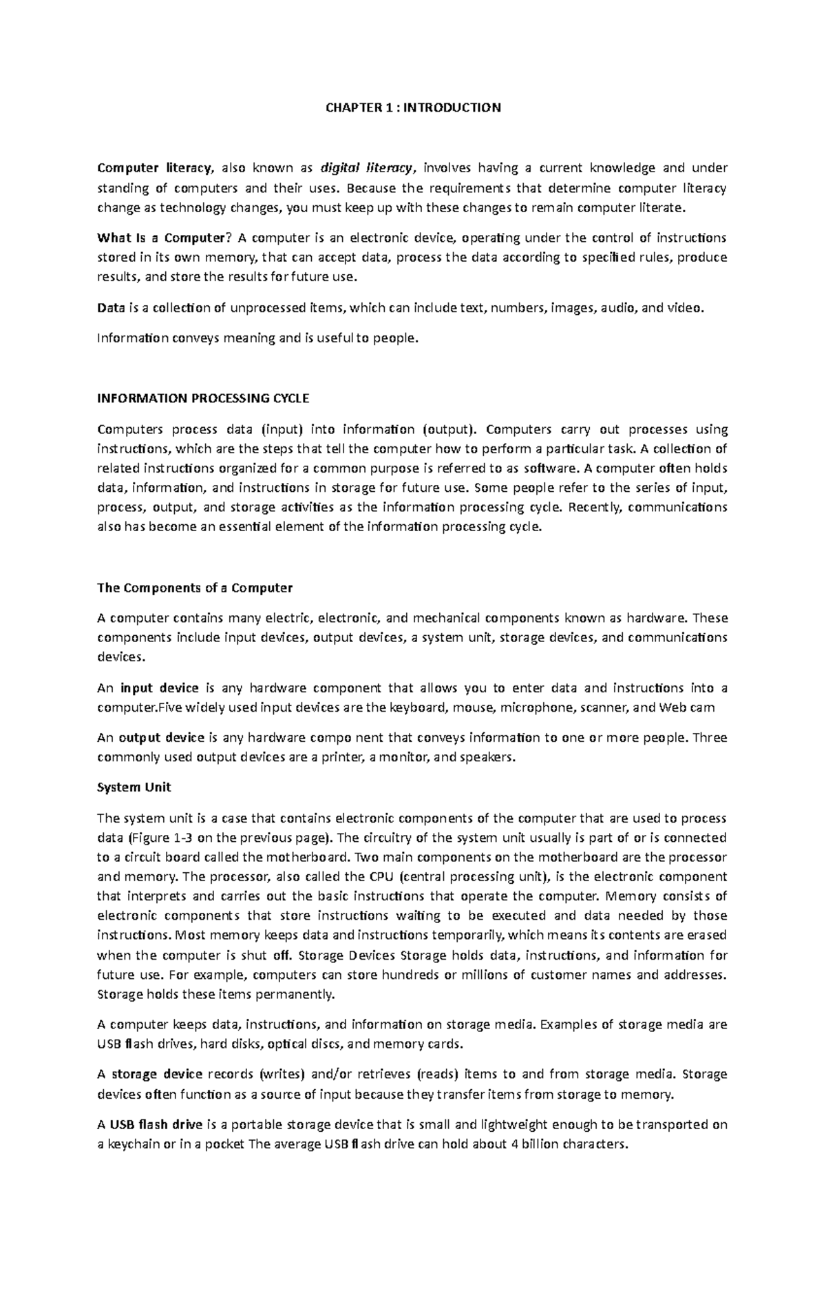 Chapter 1- Intro TO IT COMP - CHAPTER 1 : INTRODUCTION Computer ...