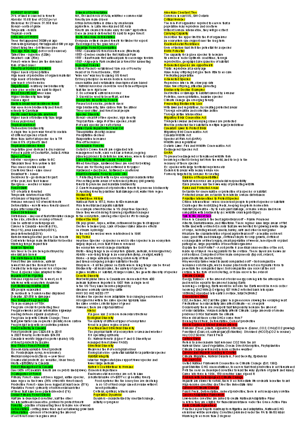 ES110 Cheat Sheet - FOREST SYSTEMS Drivers of Deforestation American ...