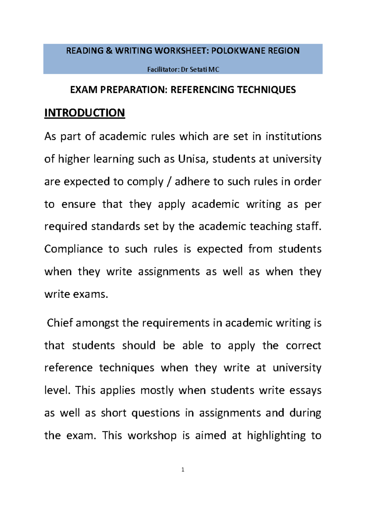 Exam Preparation on Reference Techniques - 15 October 2024 - READING ...