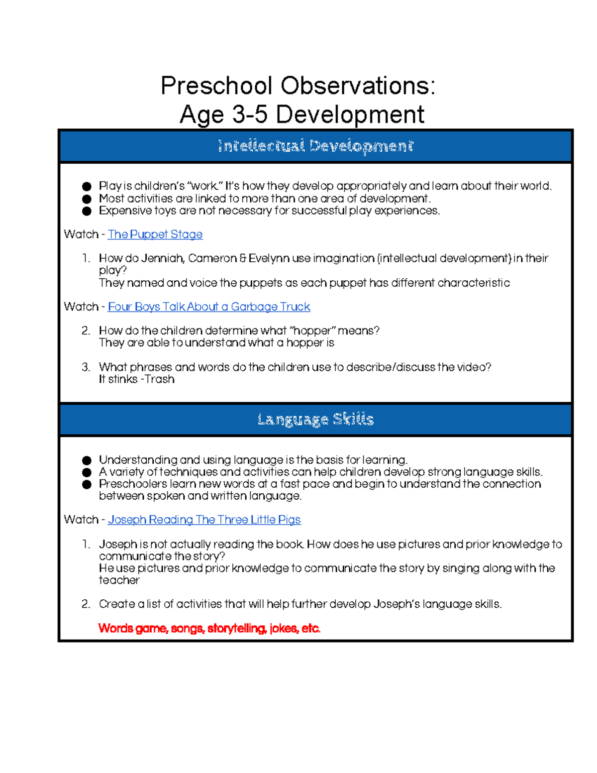 Intellectual Development - Preschool Observations: Age 3-5 Development ...