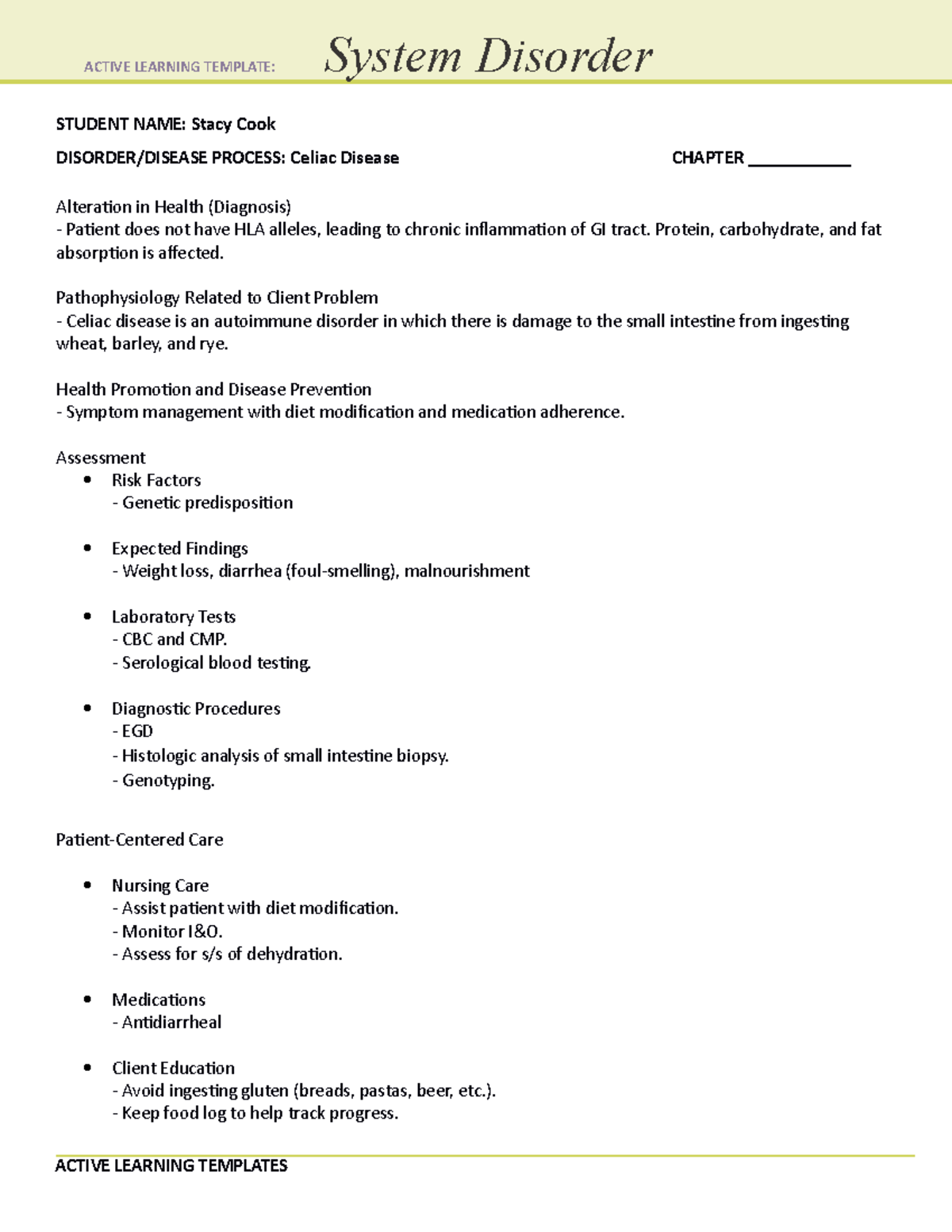 System Disorder (Celiac Disease) - STUDENT NAME: Stacy Cook DISORDER ...