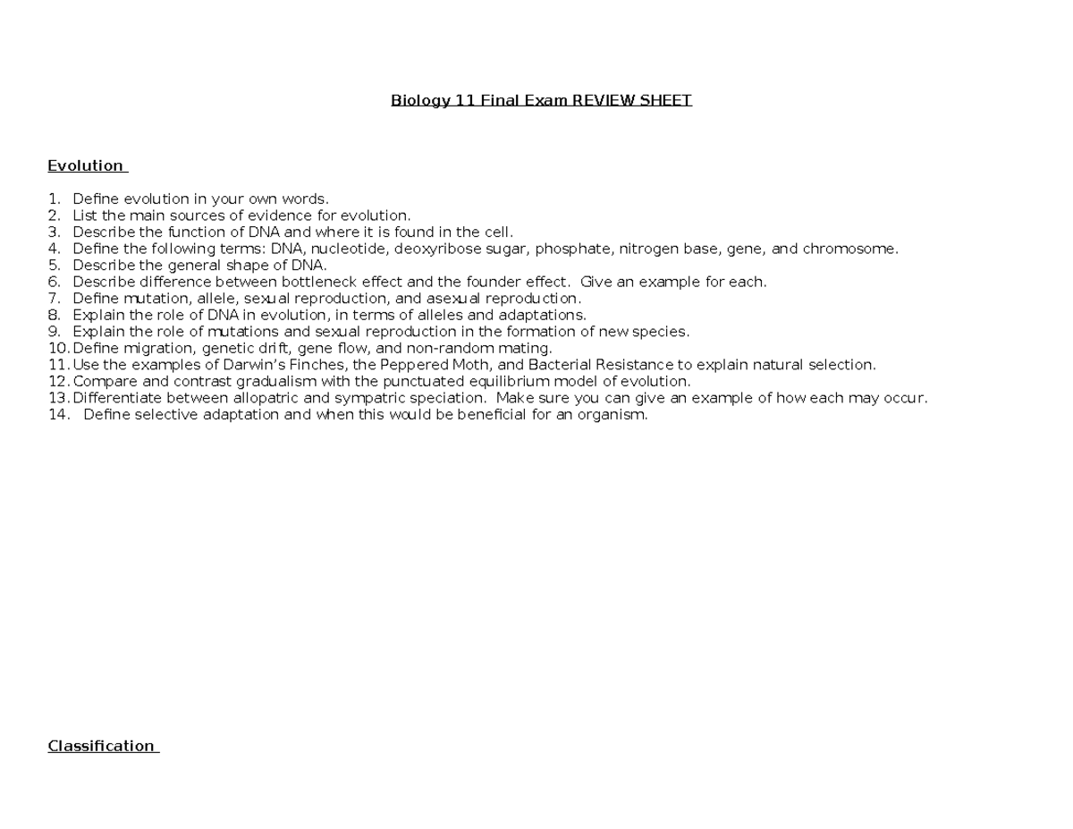 SBI3U exam review 2024- comprehensive - Biology 11 Final Exam REVIEW ...