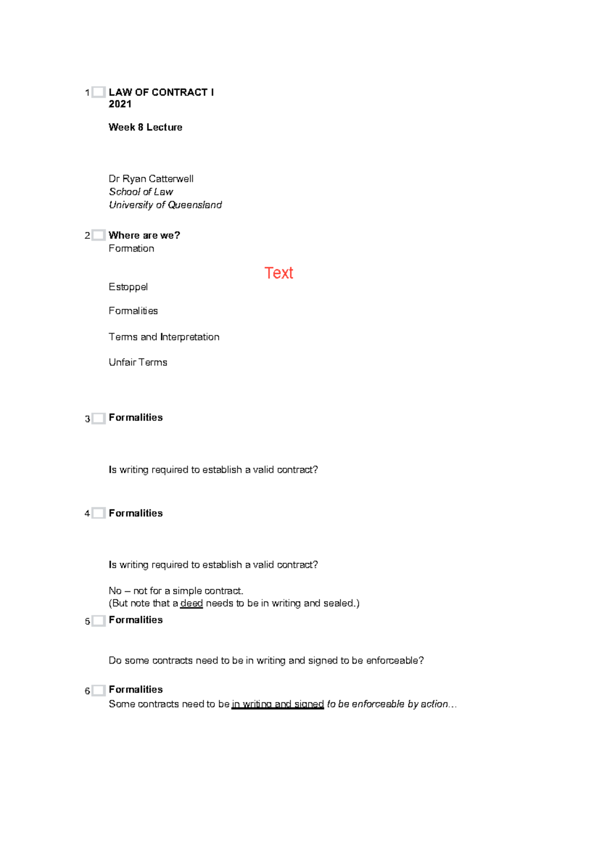 Law of Contract I 2021 Catterwell Lecture Slides Week 8 - LAW OF CONTRACT I 2021 Week 8 Lecture ...