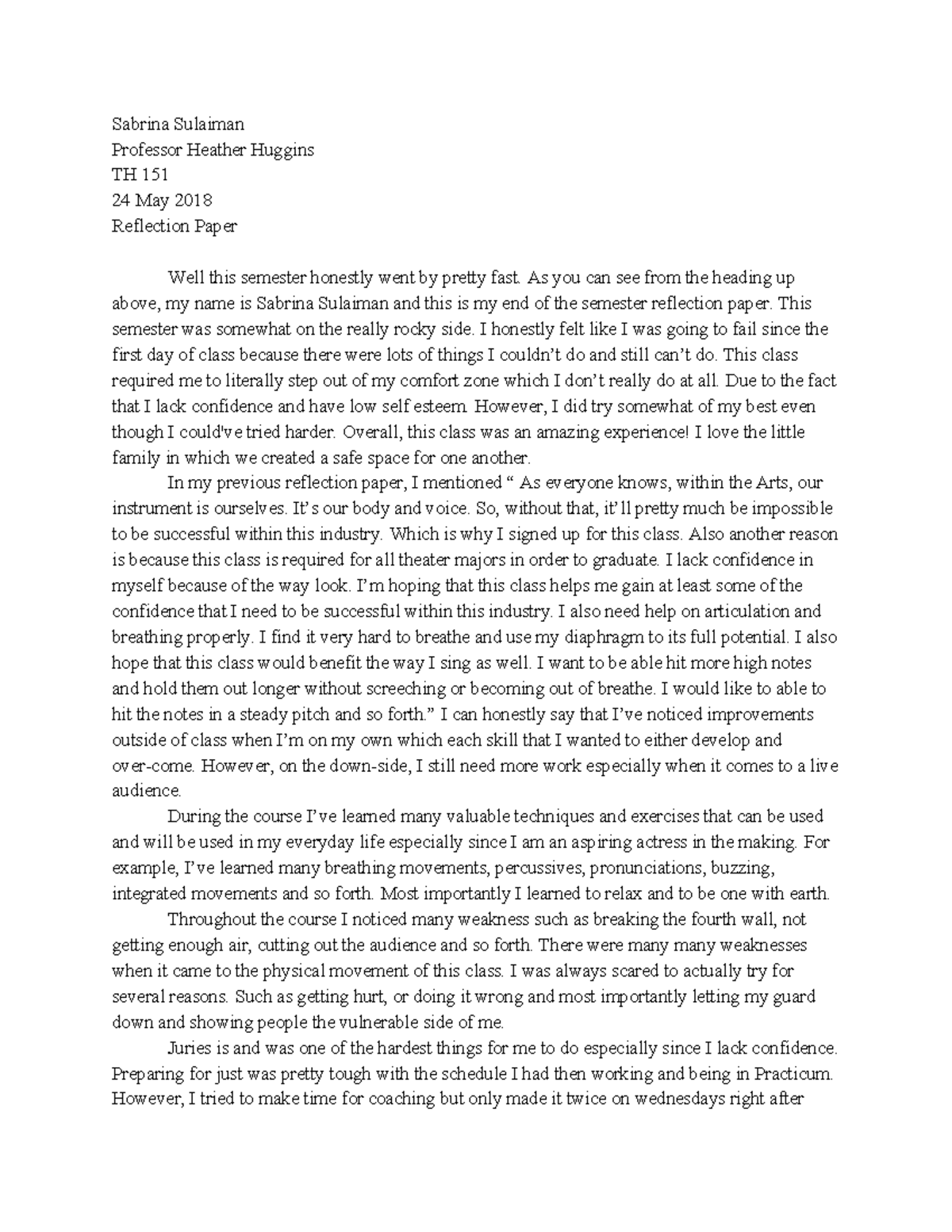 Sabrina's End of the semester Reflection - Sabrina Sulaiman Professor ...