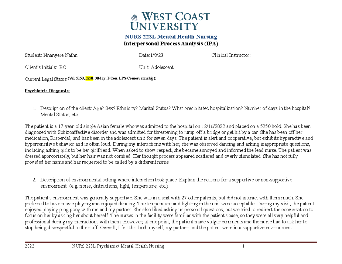 IPA 2 - IPA 2 - NURS 223L Mental Health Nursing Interpersonal Process ...