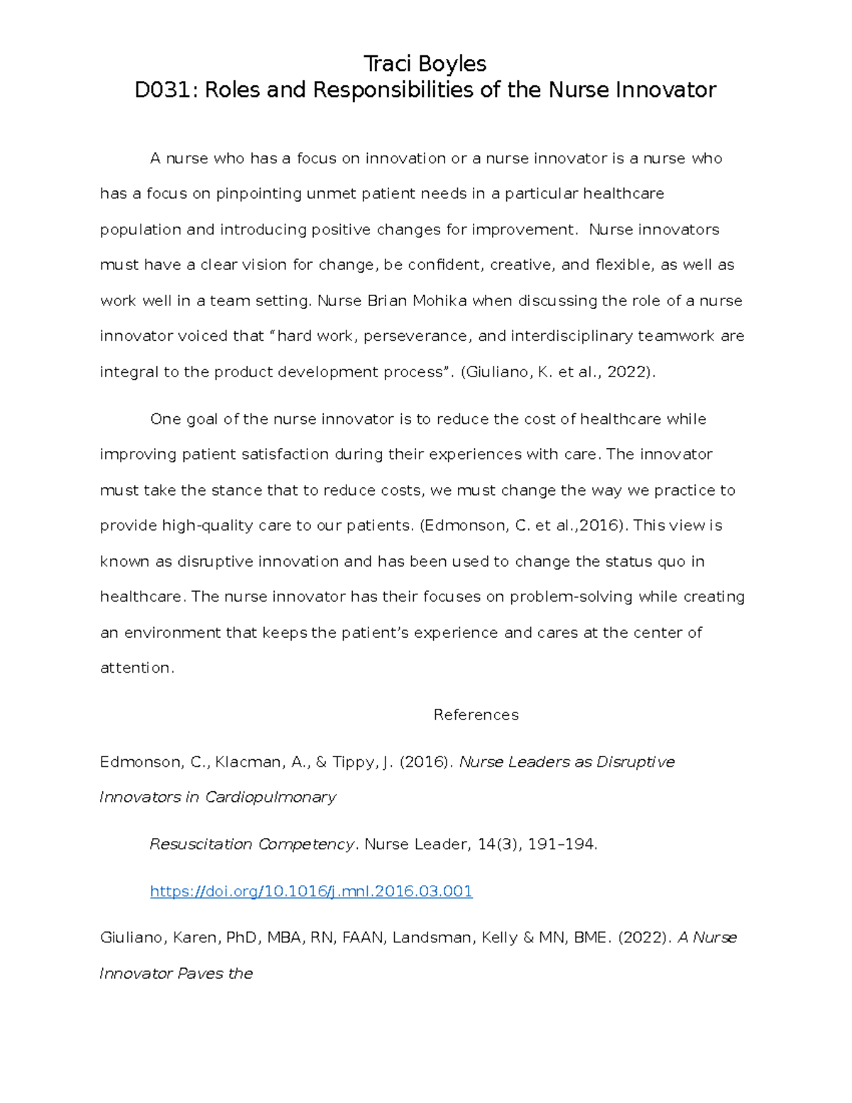 Nurse Innovator role - Traci Boyles D031: Roles and Responsibilities of ...