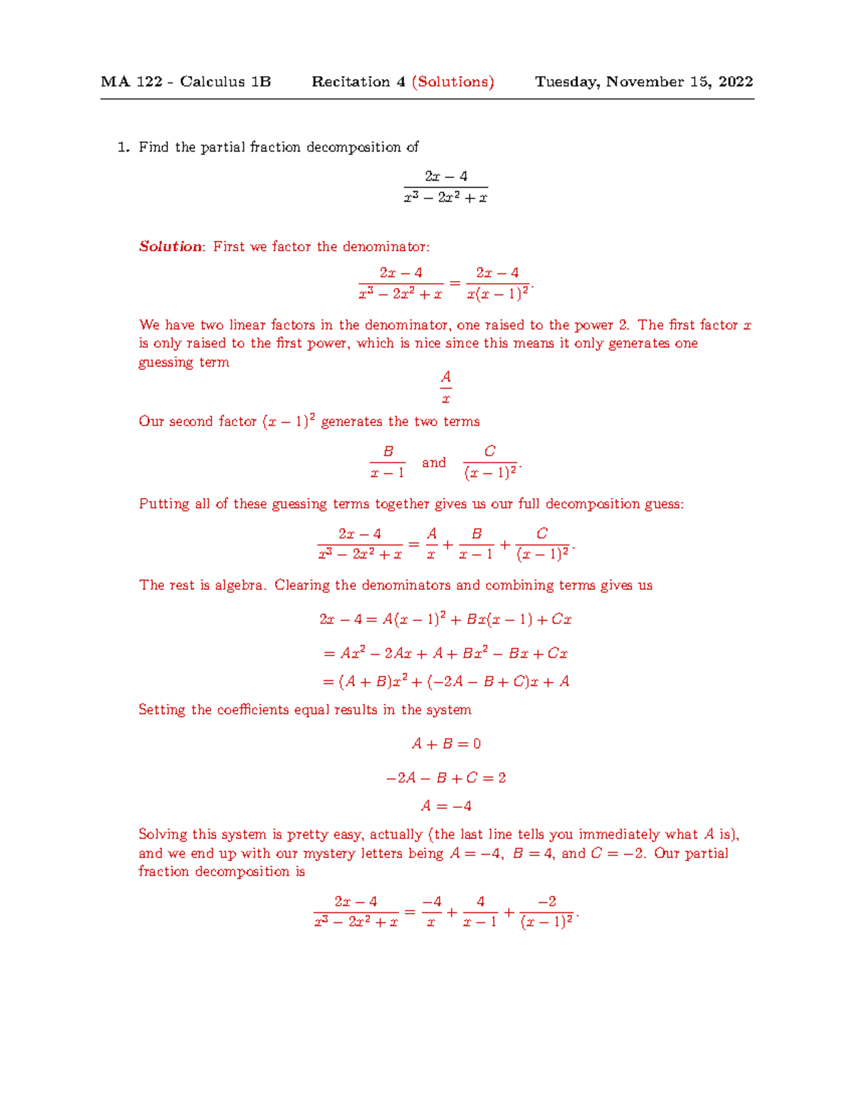 MA122 22F2 Rc4 sol - Professor: Denis Serbin - MA 122 - Calculus 1B Recitation 4 (Solutions ...