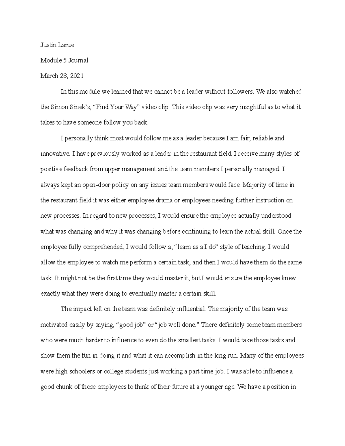 MBA 530 Module Five Journal - Justin Larue Module 5 Journal March 28 ...