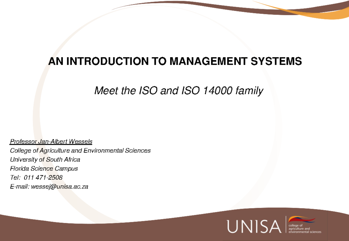 Study 1 Introduction to ISO Systems Wessels, JA. 2023 - AN INTRODUCTION TO MANAGEMENT SYSTEMS ...