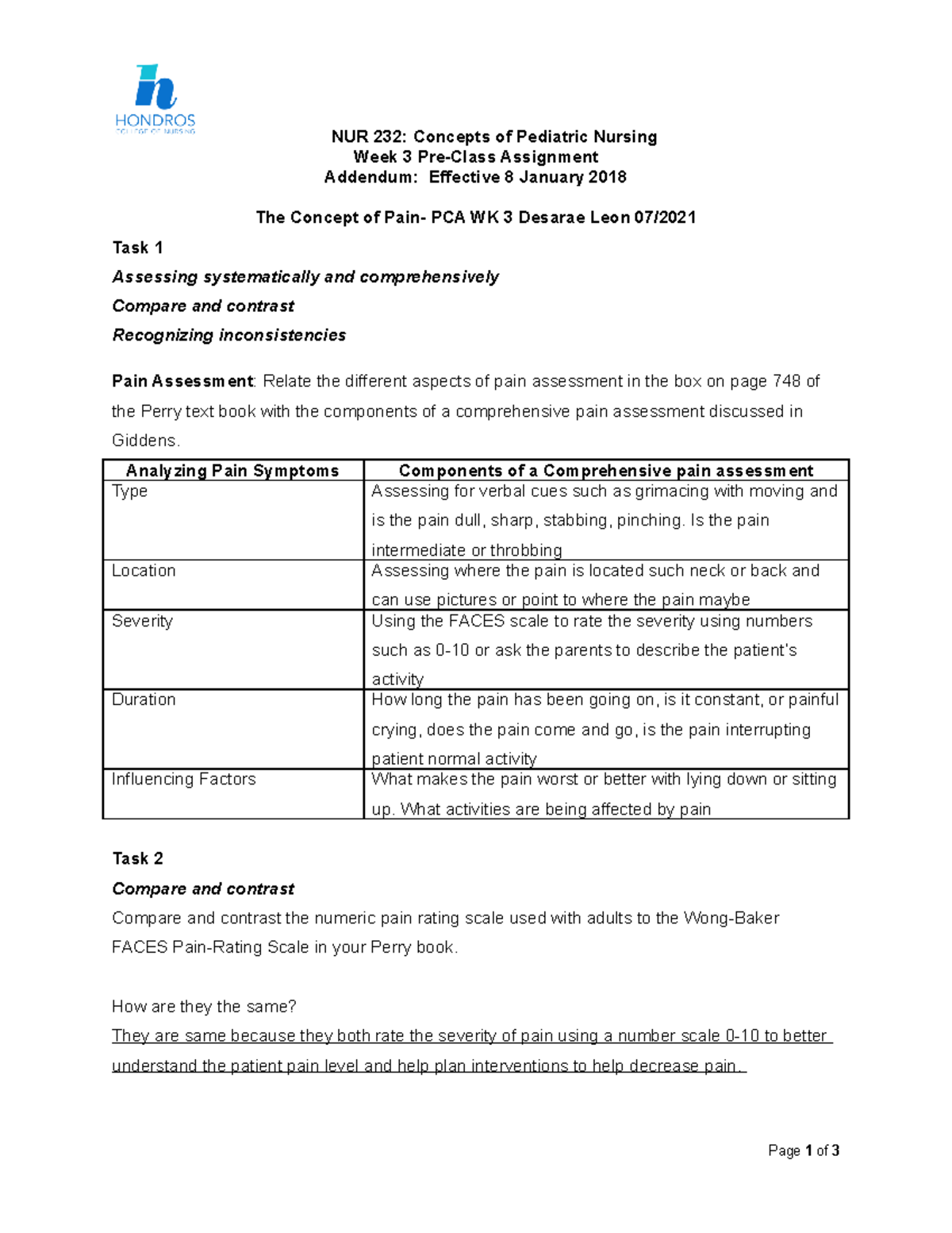 NUR232 PCA WK 3 - helpful exam tips - NUR 232: Concepts of Pediatric ...
