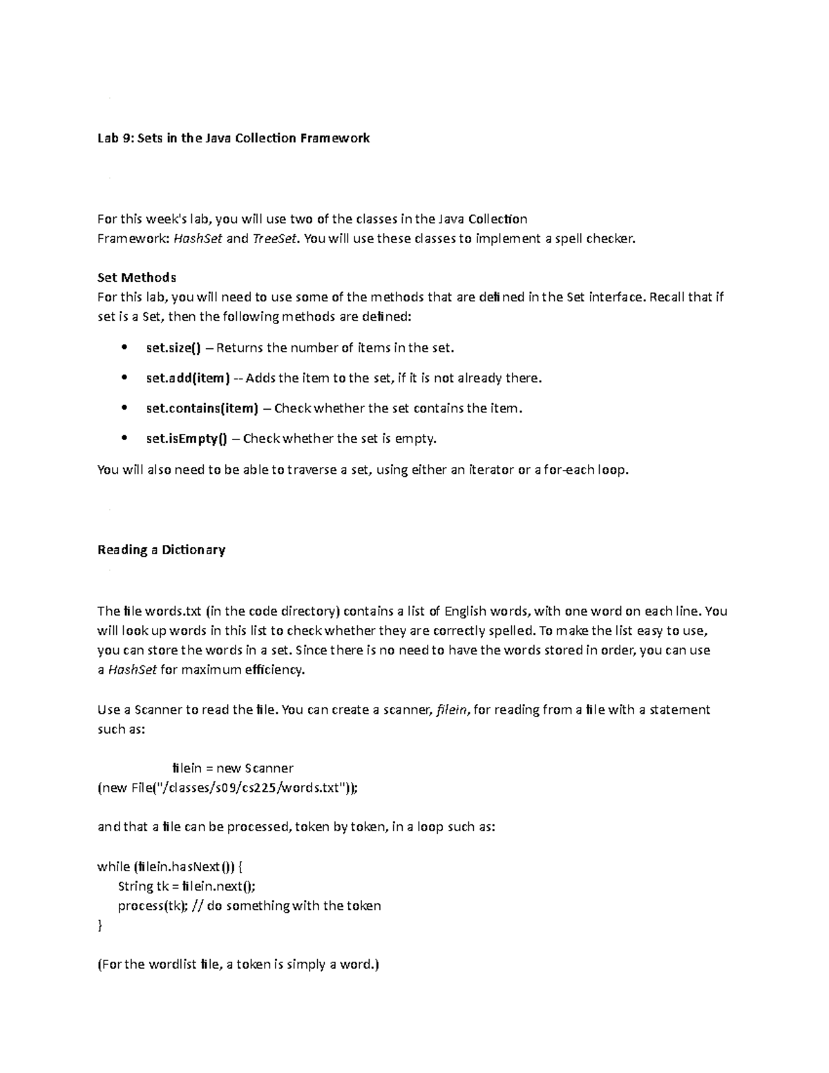 Lab9 Work Sheet Lab Lab 9 Sets In The Java Collection Framework For This Weeks Lab You