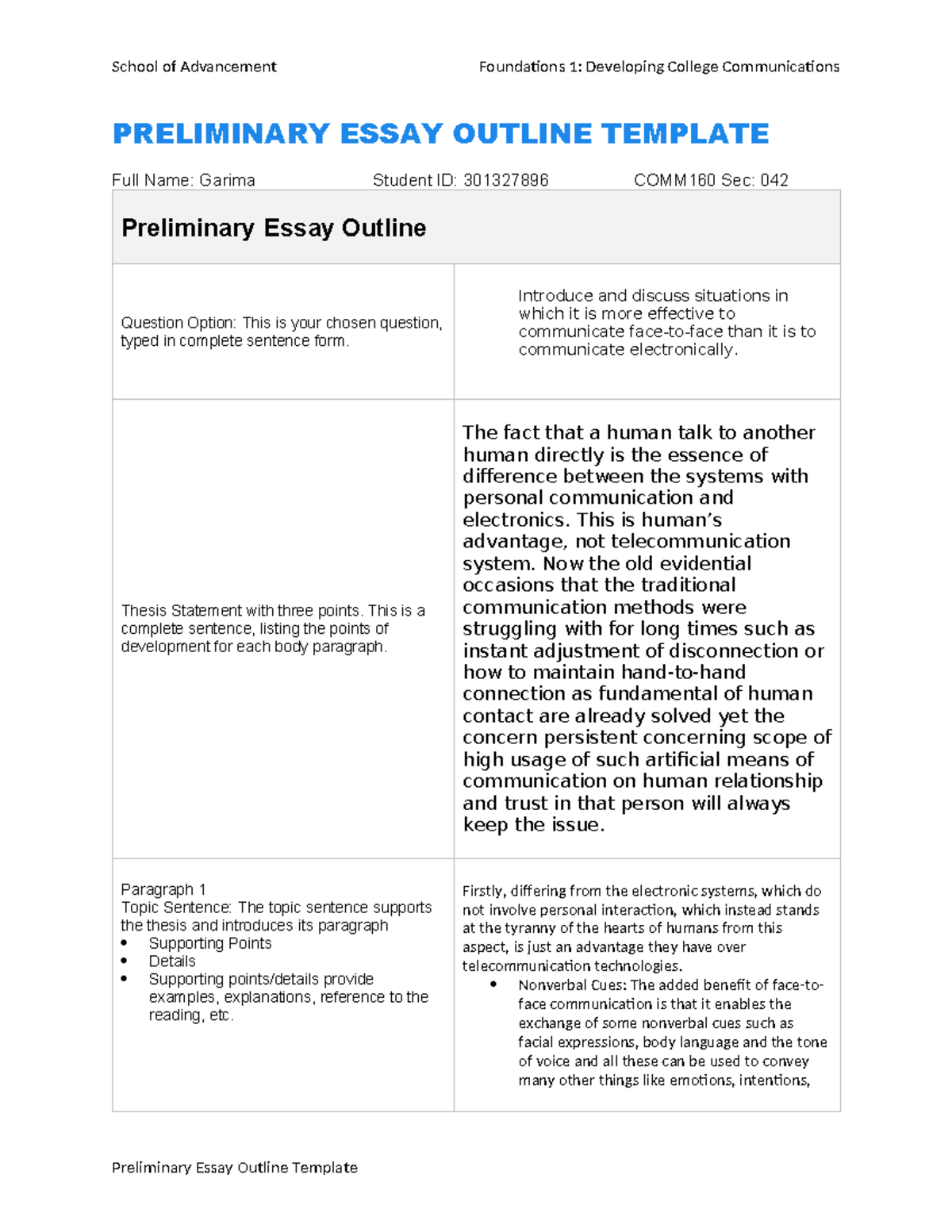 Process Assignment part A - PRELIMINARY ESSAY OUTLINE TEMPLATE Full ...