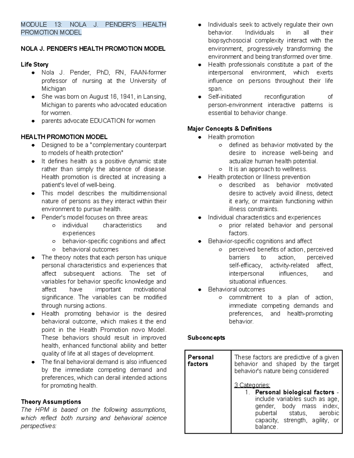 NUR 016 Modules 13-19 - MODULE 13: NOLA J. PENDER’S HEALTH PROMOTION ...