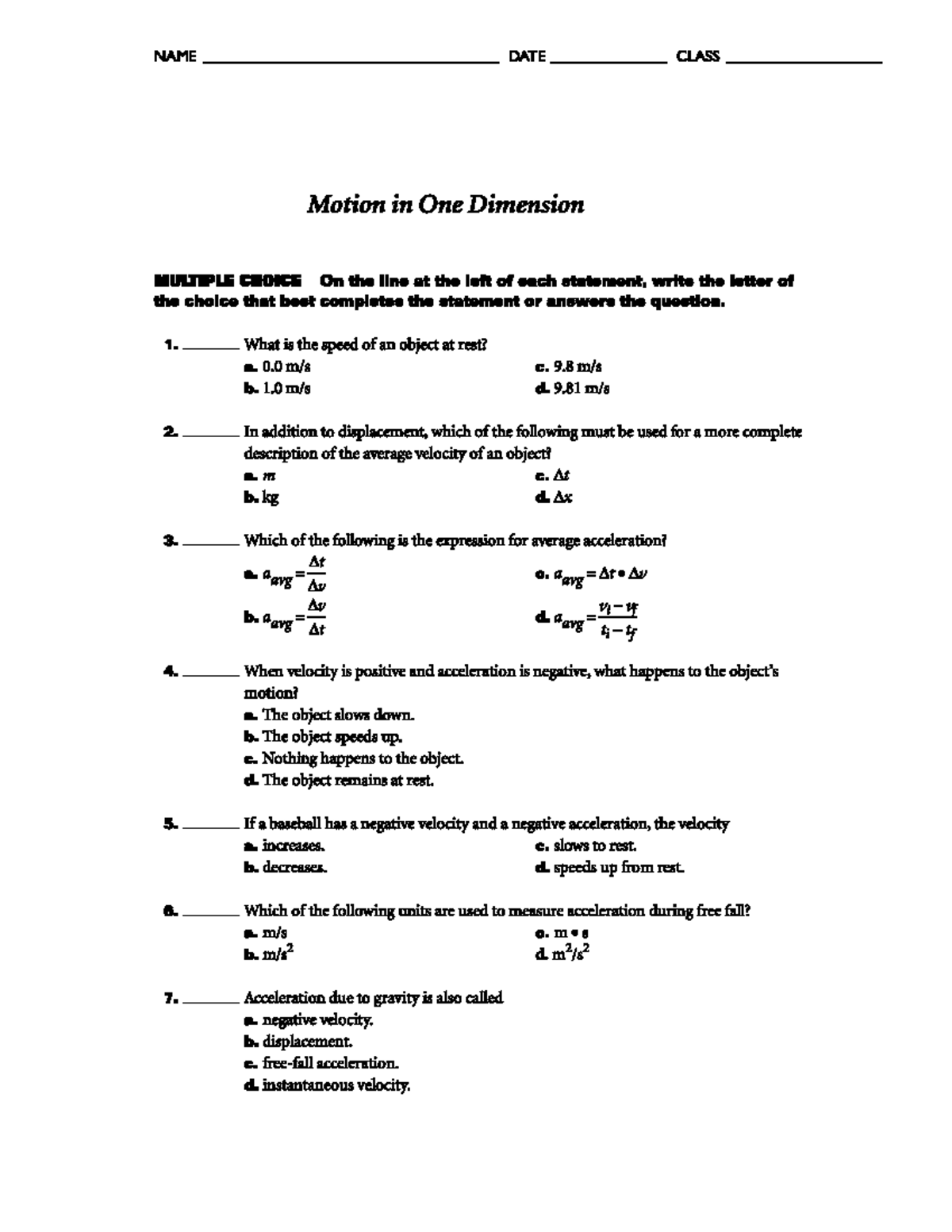 Practice 2 - Solve and study - NAME DATE CLASS Motion in One Dimension ...