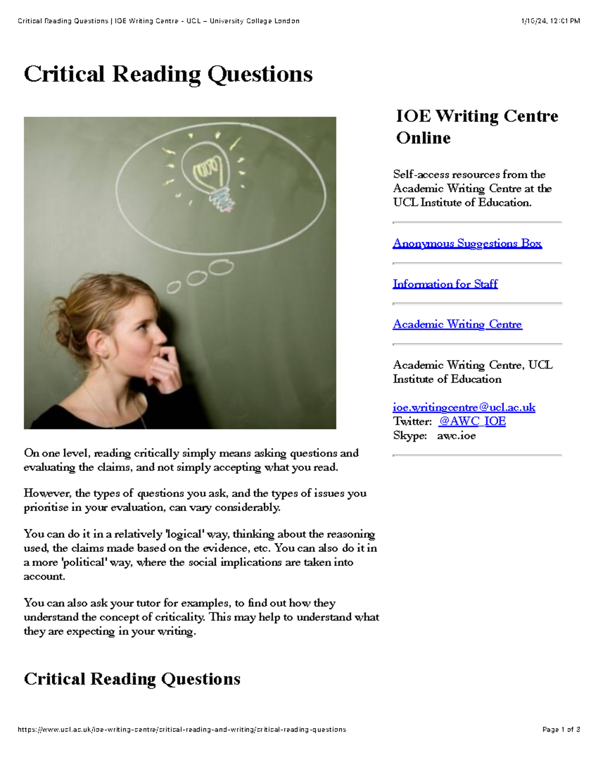 Critical Reading Questions IOE Writing Centre - UCL – University ...