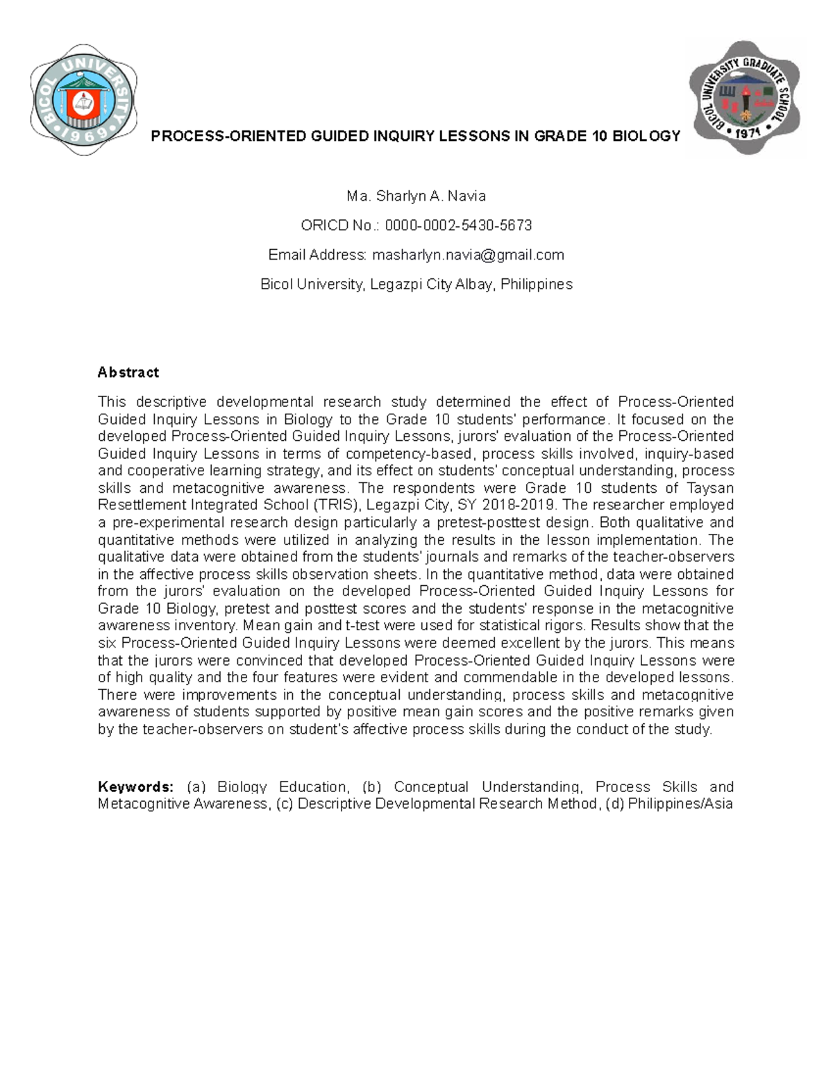 Process- Oriented Guided Inquiry Lessons IN Grade 10 Biology ( Abstract ...