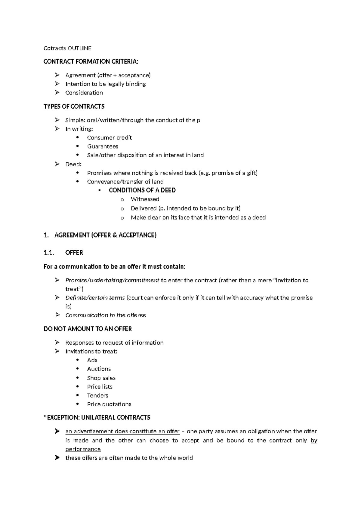Contracts - notes - Cotracts OUTLINE CONTRACT FORMATION CRITERIA ...