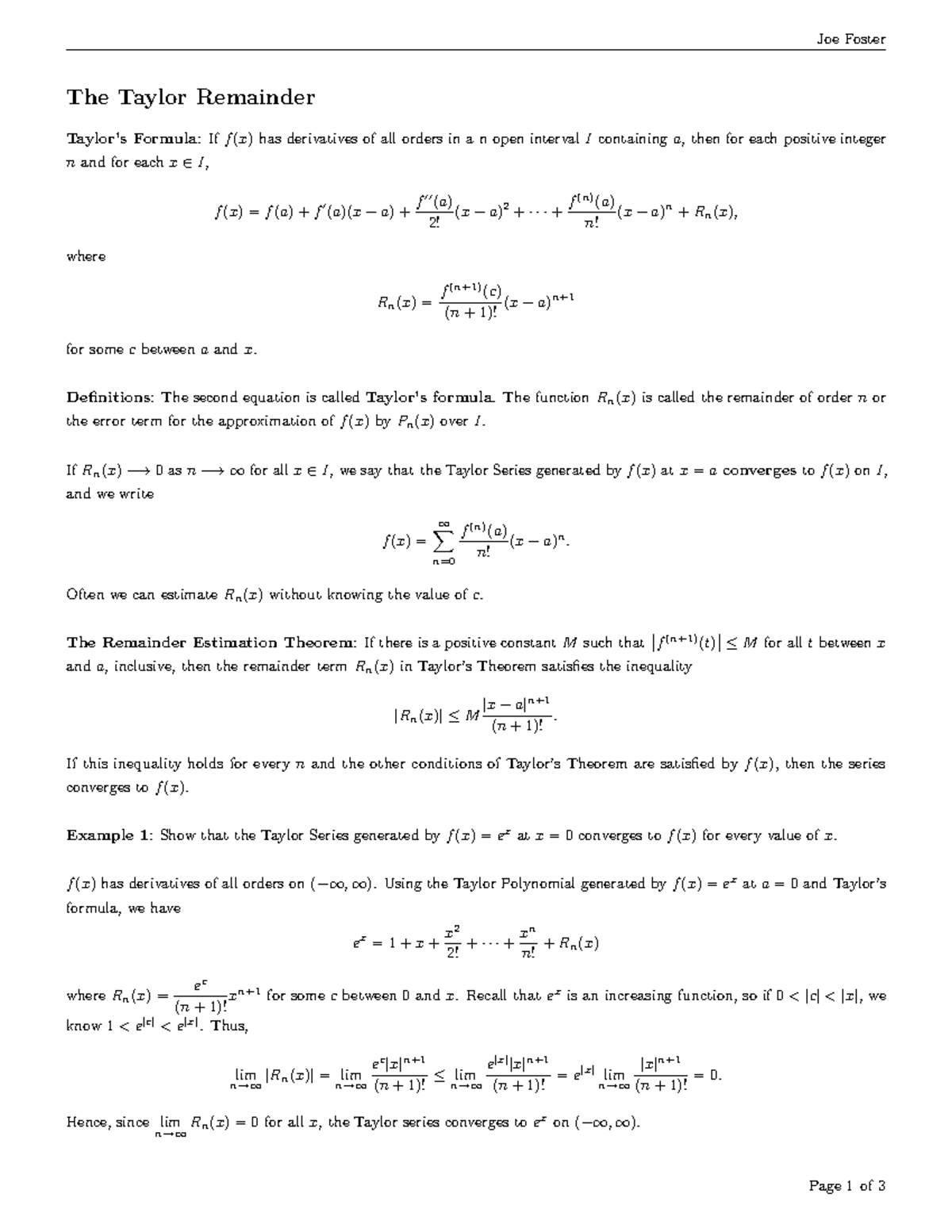 Estimation of the Taylor Remainder - Joe Foster The Taylor Remainder ...