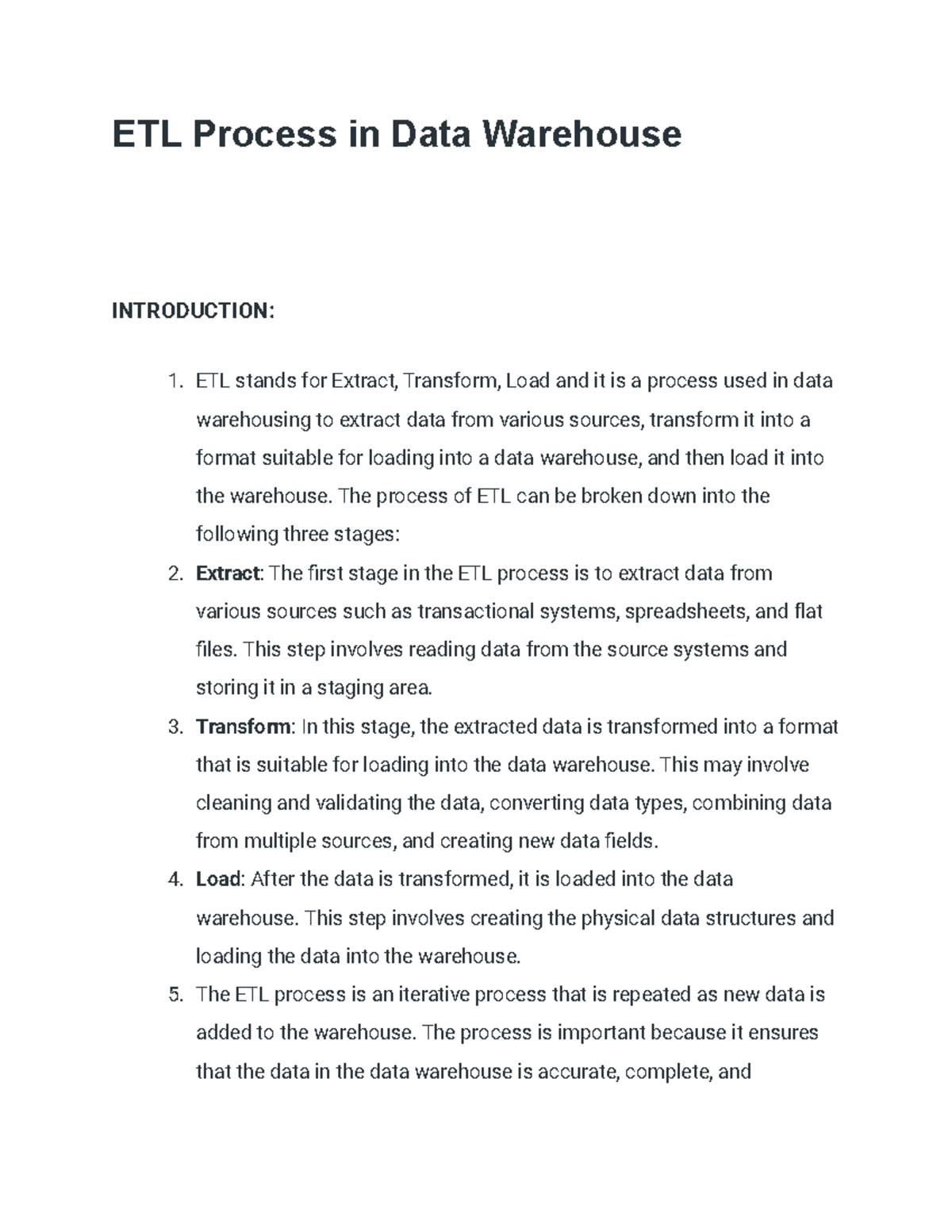 Explain in detail about Data ETL process - ETL Process in Data Warehouse INTRODUCTION: ETL ...