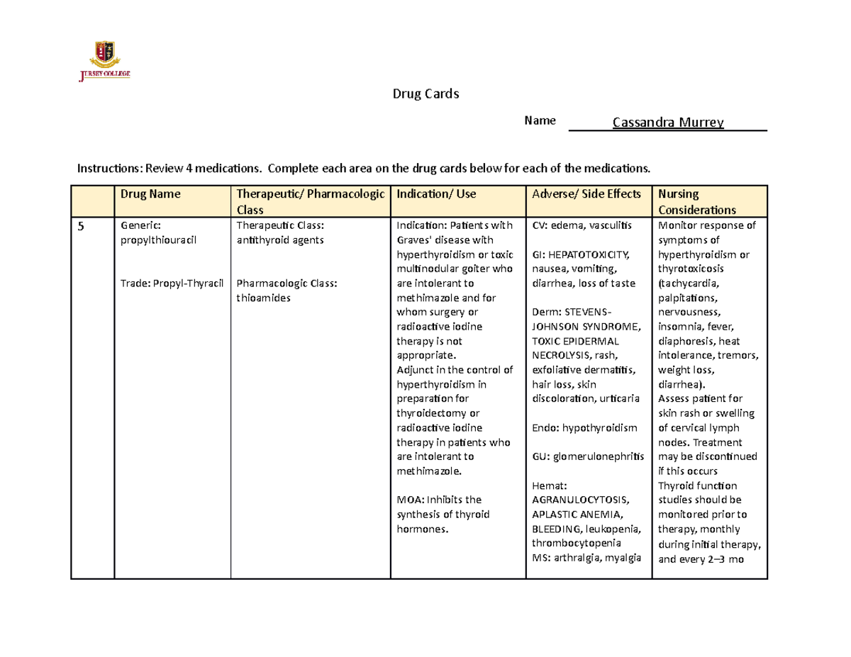 Form for Drug Card Activity - Drug Cards Name Cassandra Murrey ...