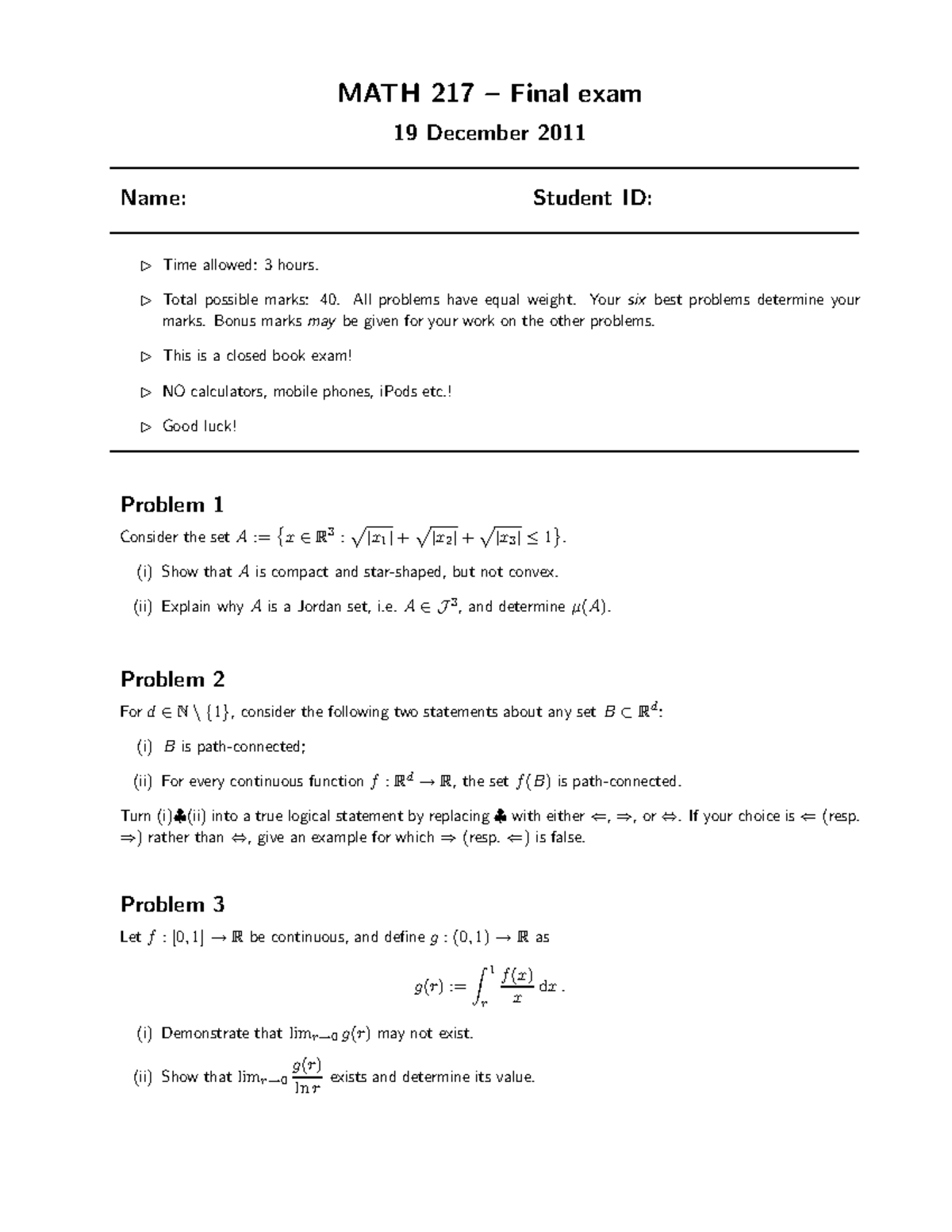 Math217 11 final - MATH 217 – Final exam 19 December 2011 Name: Student ...