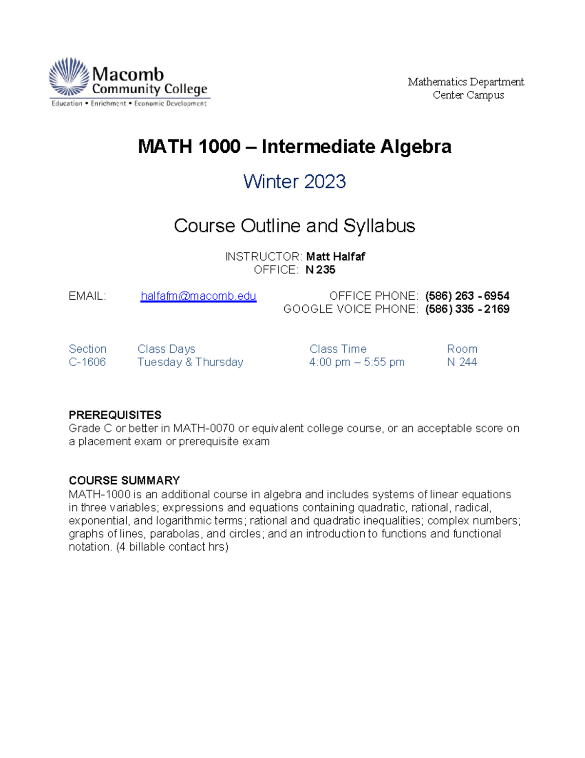 Syllabus 1000 Wi23 - math - MATH 0070 - Macomb - Studocu