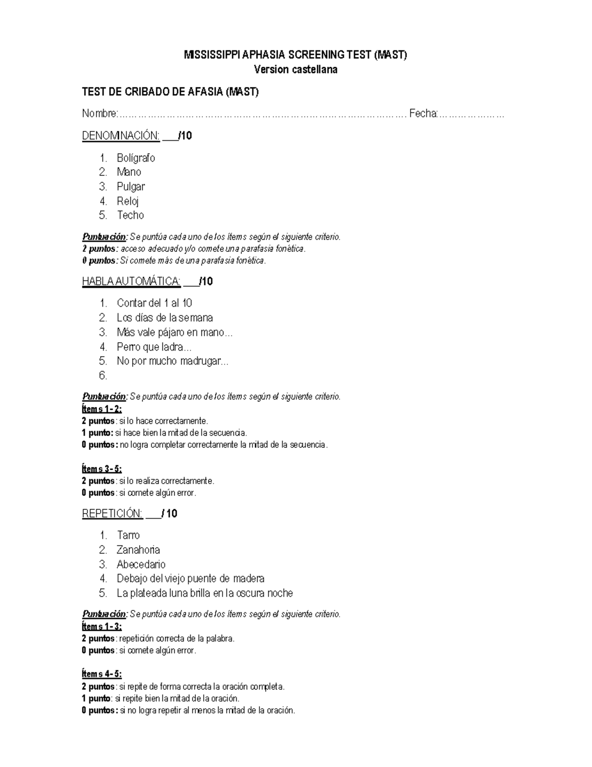 Mississippi Aphasia Screening TEST MAST - MISSISSIPPI APHASIA SCREENING ...